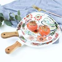 China Nordic Ceramic Steak Plate 35x25cm Oval Dinner Tray with Wooden Handle for Restaurant Tableware for sale
