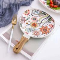 China Nordic Ceramic Steak Plate 35x25cm Oval Dinner Tray with Wooden Handle for Restaurant Tableware for sale