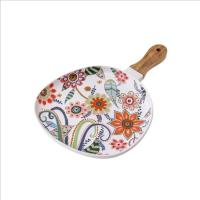 China Nordic Ceramic Steak Plate 35x25cm Oval Dinner Tray with Wooden Handle for Restaurant Tableware for sale