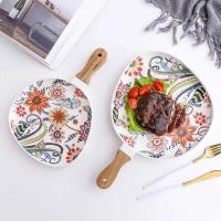 China Nordic Ceramic Steak Plate 35x25cm Oval Dinner Tray with Wooden Handle for Restaurant Tableware for sale