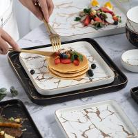 China Marble Ceramic Dinner Plates 8 Inch Matte Gold Rim Square Steak Plate Set of 4 for sale