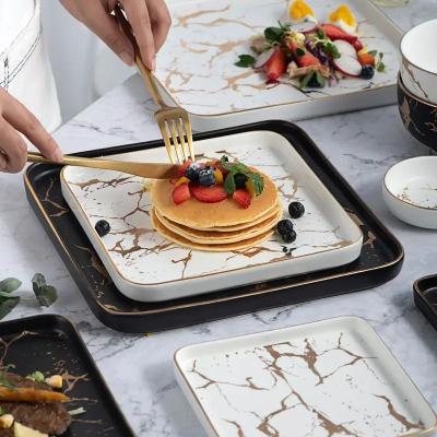 China Marble Ceramic Dinner Plates 8 Inch Matte Gold Rim Square Steak Plate Set of 4 for sale