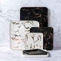 China Marble Ceramic Dinner Plates 8 Inch Matte Gold Rim Square Steak Plate Set of 4 for sale
