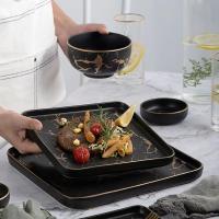 China Marble Ceramic Dinner Plates 8 Inch Matte Gold Rim Square Steak Plate Set of 4 for sale