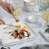 China Marble Ceramic Dinner Plates 8 Inch Matte Gold Rim Square Steak Plate Set of 4 for sale