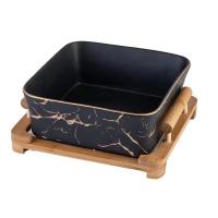 China Northern European Marble Pattern Black Square Ceramic Fruit Salad Bowl 24x24cm with Wood Stand for sale