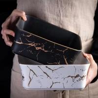 China Northern European Marble Pattern Black Square Ceramic Fruit Salad Bowl 24x24cm with Wood Stand for sale