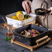 China Northern European Marble Pattern Black Square Ceramic Fruit Salad Bowl 24x24cm with Wood Stand for sale