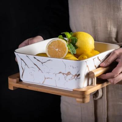 China Northern European Marble Pattern Black Square Ceramic Fruit Salad Bowl 24x24cm with Wood Stand for sale