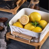 China Northern European Marble Pattern Black Square Ceramic Fruit Salad Bowl 24x24cm with Wood Stand for sale
