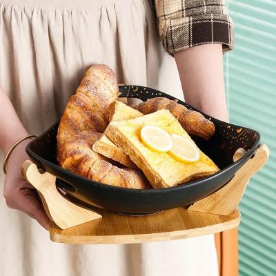 China Ceramic Salad Bowl with Bamboo Stand 24cm 31cm Matte Finish Vintage Style Fruit Bowl for sale