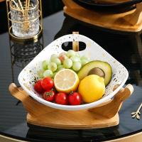 China Ceramic Salad Bowl with Bamboo Stand 24cm 31cm Matte Finish Vintage Style Fruit Bowl for sale