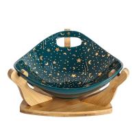 China Ceramic Salad Bowl with Bamboo Stand 24cm 31cm Matte Finish Vintage Style Fruit Bowl for sale