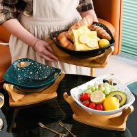 China Ceramic Salad Bowl with Bamboo Stand 24cm 31cm Matte Finish Vintage Style Fruit Bowl for sale
