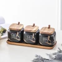 China Luxury Nordic Marble Ceramic Seasoning Jar Set 360ml with Wooden Cover Salt Shaker Spice Jar Kitchen Accessory for sale