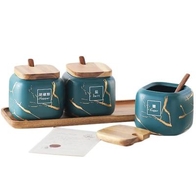 China Luxury Nordic Marble Ceramic Seasoning Jar Set 360ml with Wooden Cover Salt Shaker Spice Jar Kitchen Accessory for sale