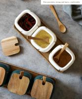 China Luxury Nordic Marble Ceramic Seasoning Jar Set 360ml with Wooden Cover Salt Shaker Spice Jar Kitchen Accessory for sale