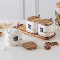 China Luxury Nordic Marble Ceramic Seasoning Jar Set 360ml with Wooden Cover Salt Shaker Spice Jar Kitchen Accessory for sale