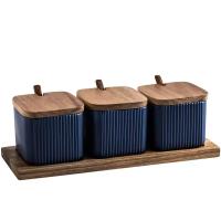 China Nordic Style Matte Ceramic Spice Jar Set 20x10x10 cm Kitchen Seasoning Container with Wooden Lid for sale