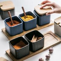 China Nordic Style Matte Ceramic Spice Jar Set 20x10x10 cm Kitchen Seasoning Container with Wooden Lid for sale