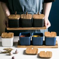 China Nordic Style Matte Ceramic Spice Jar Set 20x10x10 cm Kitchen Seasoning Container with Wooden Lid for sale