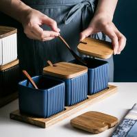 China Nordic Style Matte Ceramic Spice Jar Set 20x10x10 cm Kitchen Seasoning Container with Wooden Lid for sale