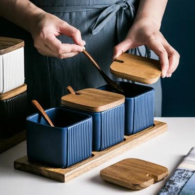 China Nordic Style Matte Ceramic Spice Jar Set 20x10x10 cm Kitchen Seasoning Container with Wooden Lid for sale