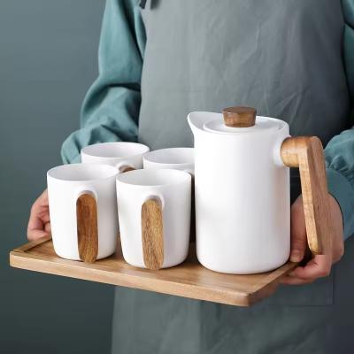 China Nordic Ceramic Tea Set with Wooden Handle Teapot 1100ml and Cups 350ml Gift Set for sale