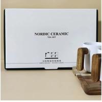 China Nordic Ceramic Tea Set with Wooden Handle Teapot 1100ml and Cups 350ml Gift Set for sale