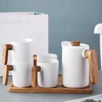 China Nordic Ceramic Tea Set with Wooden Handle Teapot 1100ml and Cups 350ml Gift Set for sale