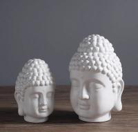 China White Ceramic Buddha Head Statue Handmade Pottery Figurine 15cm for Home Hotel Decor Meditation Zen for sale