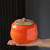 China Vintage Ceramic Tea Canister Sealed Storage Jar 300ml 900ml Persimmon Shape Candy Sugar Container for sale