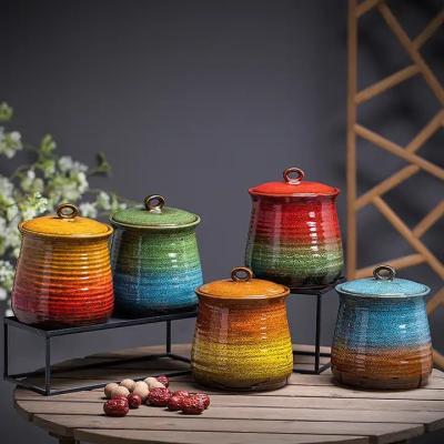 China Wholesale Handmade Ceramic Storage Jar with Lid 1200ml Vintage Kitchen Canister for sale