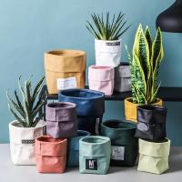 China Ceramic Plant Pots Set 3 Sizes 12-20cm Glazed Finish Kraft Paper Bag Shape for Indoor Outdoor Succulent for sale