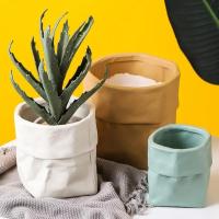 China Ceramic Plant Pots Set 3 Sizes 12-20cm Glazed Finish Kraft Paper Bag Shape for Indoor Outdoor Succulent for sale