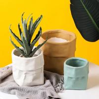 China Ceramic Plant Pots Set 3 Sizes 12-20cm Glazed Finish Kraft Paper Bag Shape for Indoor Outdoor Succulent for sale