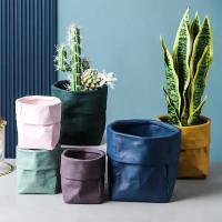 China Ceramic Plant Pots Set 3 Sizes 12-20cm Glazed Finish Kraft Paper Bag Shape for Indoor Outdoor Succulent for sale