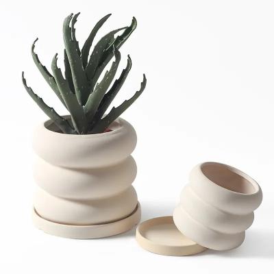 China Unglazed Ceramic Bonsai Flower Pots with Tray 3 Sizes 11.8cm 14.2cm 17.5cm Breathable Planters for sale