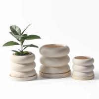 China Unglazed Ceramic Bonsai Flower Pots with Tray 3 Sizes 11.8cm 14.2cm 17.5cm Breathable Planters for sale