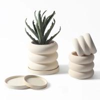 China Unglazed Ceramic Bonsai Flower Pots with Tray 3 Sizes 11.8cm 14.2cm 17.5cm Breathable Planters for sale