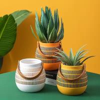 China Ceramic Hanging Planter 16x12x15.5cm for Succulents Air Plants Home Garden Decor Flower Basket with Leather Strap for sale