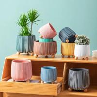 China Nordic Ceramic Flowerpot Succulent Planter 9 Colors Indoor Outdoor Cactus Pot with Wood Base 19x19x13 cm for sale