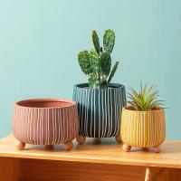 China Nordic Ceramic Flowerpot Succulent Planter 9 Colors Indoor Outdoor Cactus Pot with Wood Base 19x19x13 cm for sale