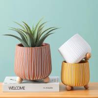 China Nordic Ceramic Flowerpot Succulent Planter 9 Colors Indoor Outdoor Cactus Pot with Wood Base 19x19x13 cm for sale