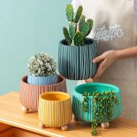 China Nordic Ceramic Flowerpot Succulent Planter 9 Colors Indoor Outdoor Cactus Pot with Wood Base 19x19x13 cm for sale