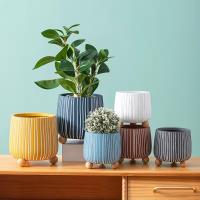 China Nordic Ceramic Flowerpot Succulent Planter 9 Colors Indoor Outdoor Cactus Pot with Wood Base 19x19x13 cm for sale