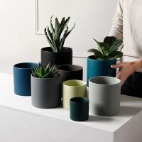 China Nordic Ceramic Flower Pot Set 3 Sizes 11-17cm Glazed Cylindrical Planter with Tray for Indoor Outdoor for sale