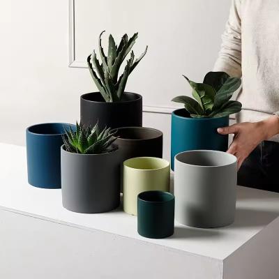 China Nordic Ceramic Flower Pot Set 3 Sizes 11-17cm Glazed Cylindrical Planter with Tray for Indoor Outdoor for sale