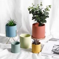 China Nordic Ceramic Flower Pot Set 3 Sizes 11-17cm Glazed Cylindrical Planter with Tray for Indoor Outdoor for sale