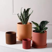 China Nordic Ceramic Flower Pot Set 3 Sizes 11-17cm Glazed Cylindrical Planter with Tray for Indoor Outdoor for sale